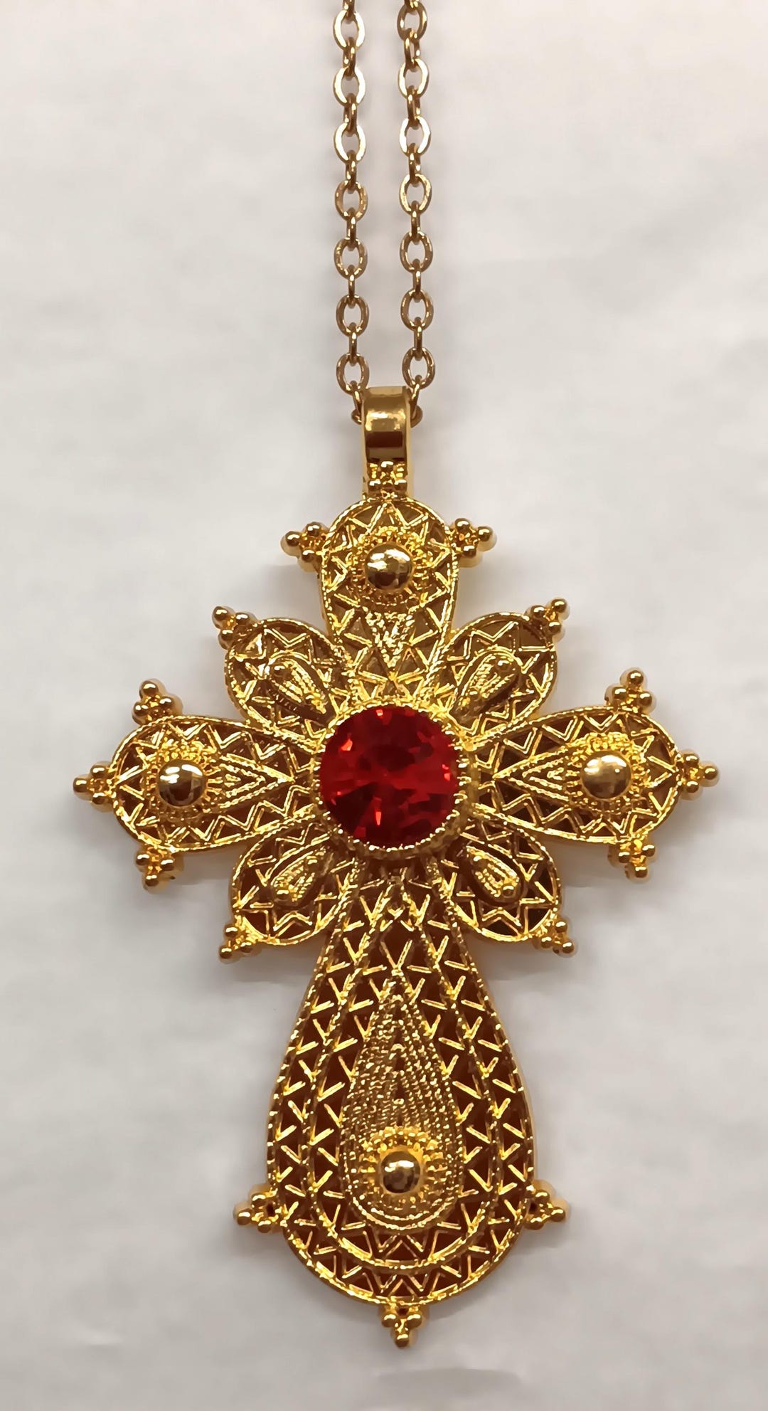 Gorgeous Red Rhinestone Filigree Coptic Pectoral Cross Goldtone ...