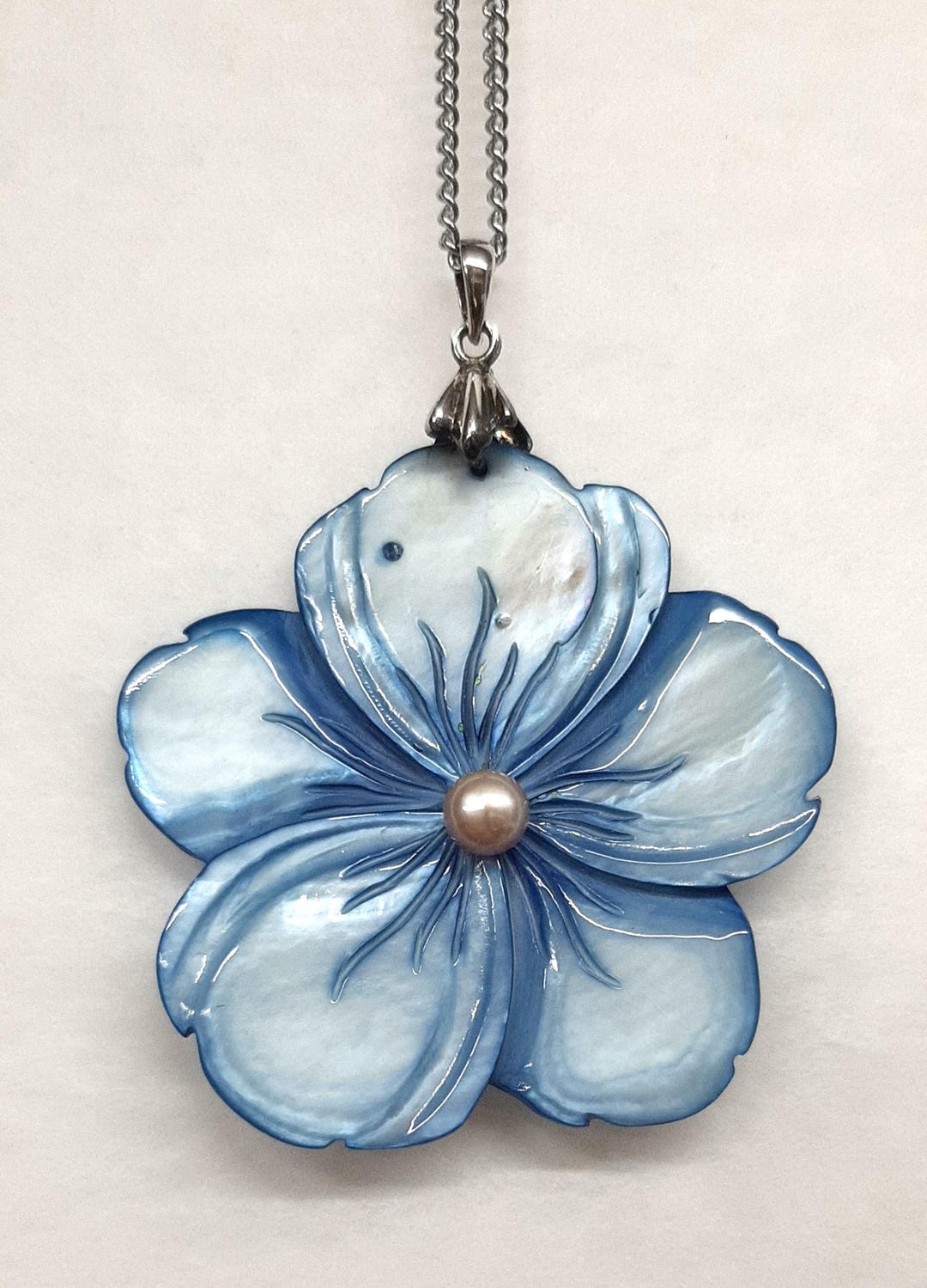 Striking Etch Detailed Sculpted Blue White Marbled Natural Shell Flower Blossom Simulated Pearl ...
