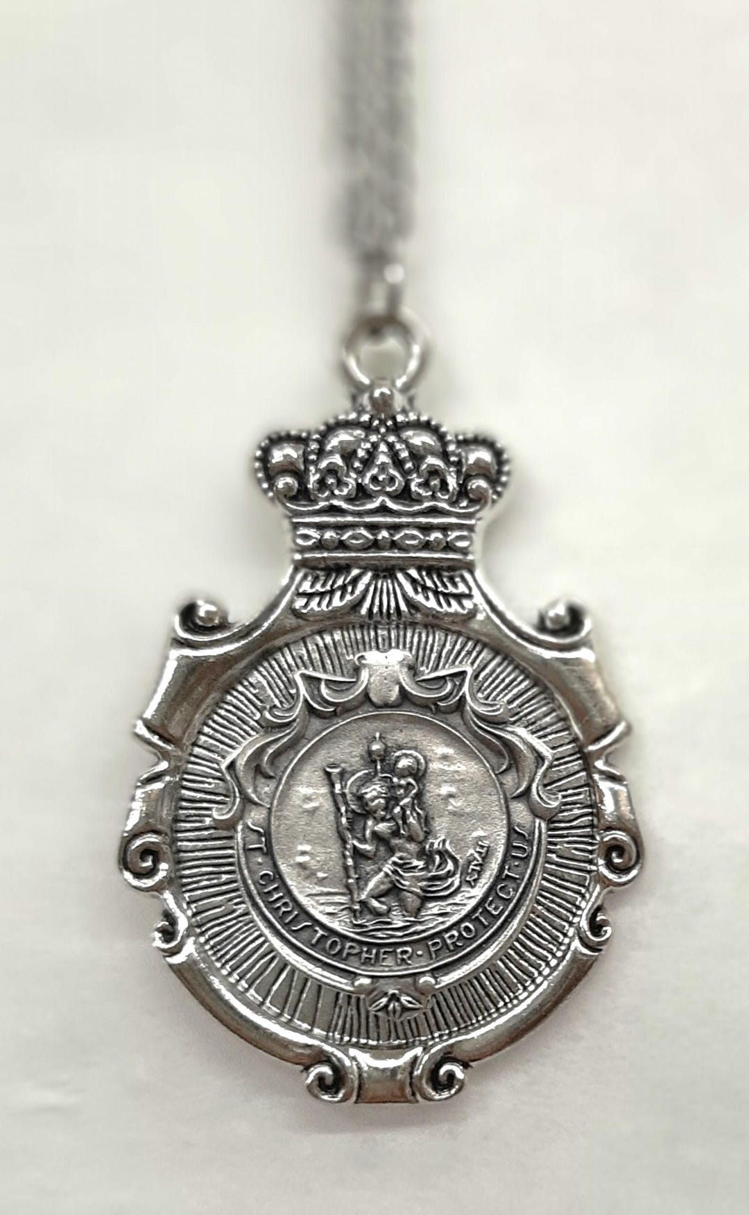 Handsome Etched Crown and Crest Protective Saint Christopher Medal ...