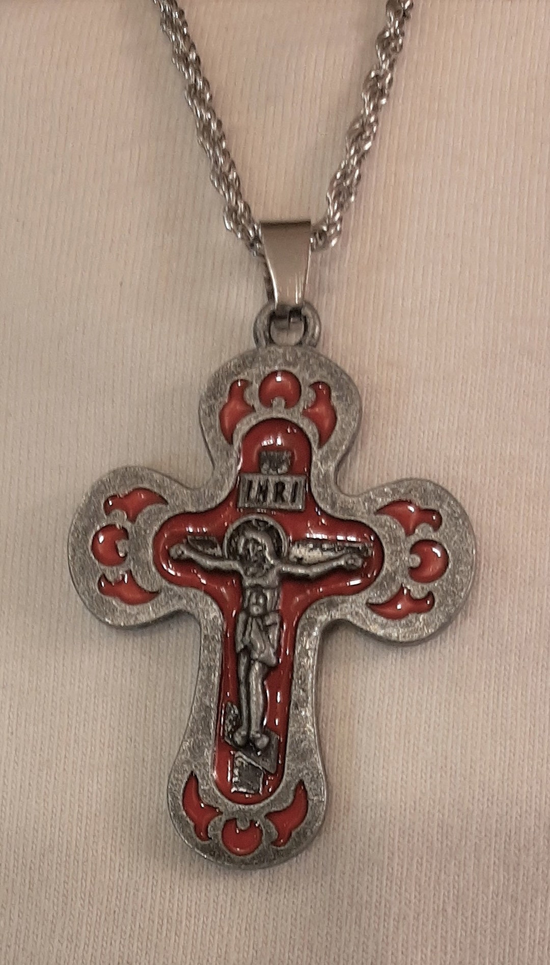 Handsome Greek Orthodox Red Finished Curved Arm Pewter Crucifix Cross ...