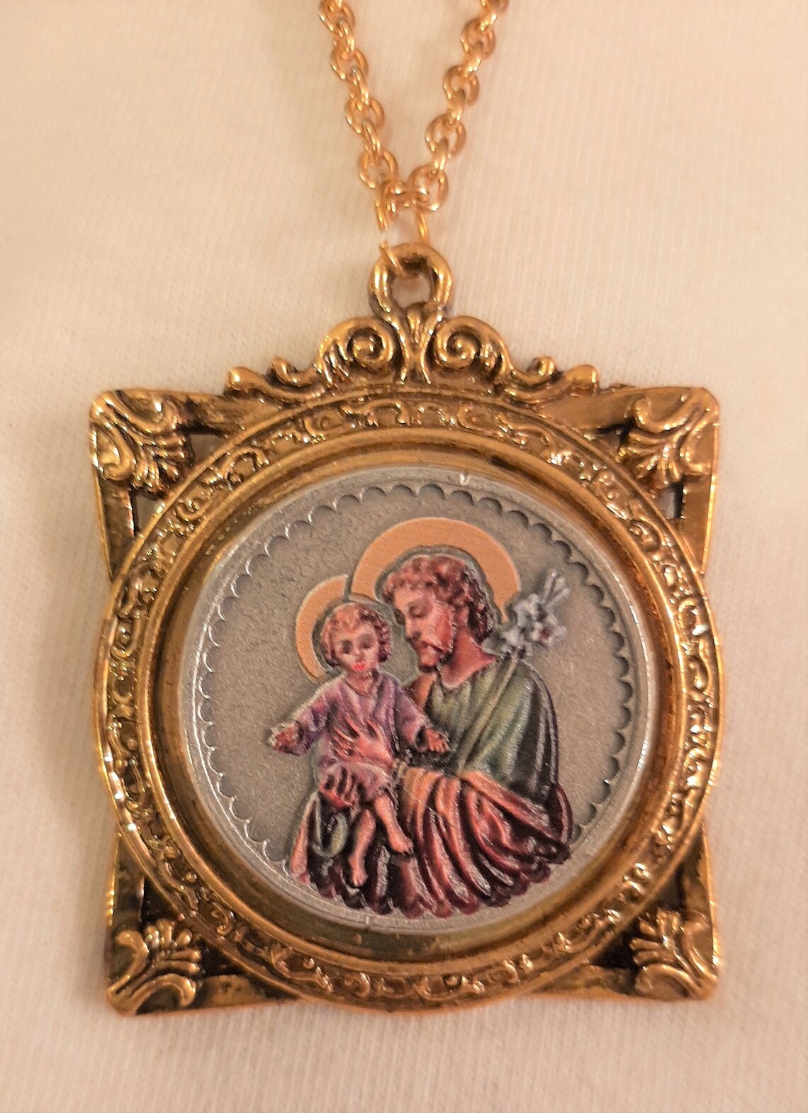Shiny Squared Fleur De Lis Corners Colorful Medal Inset With St. Joseph ...
