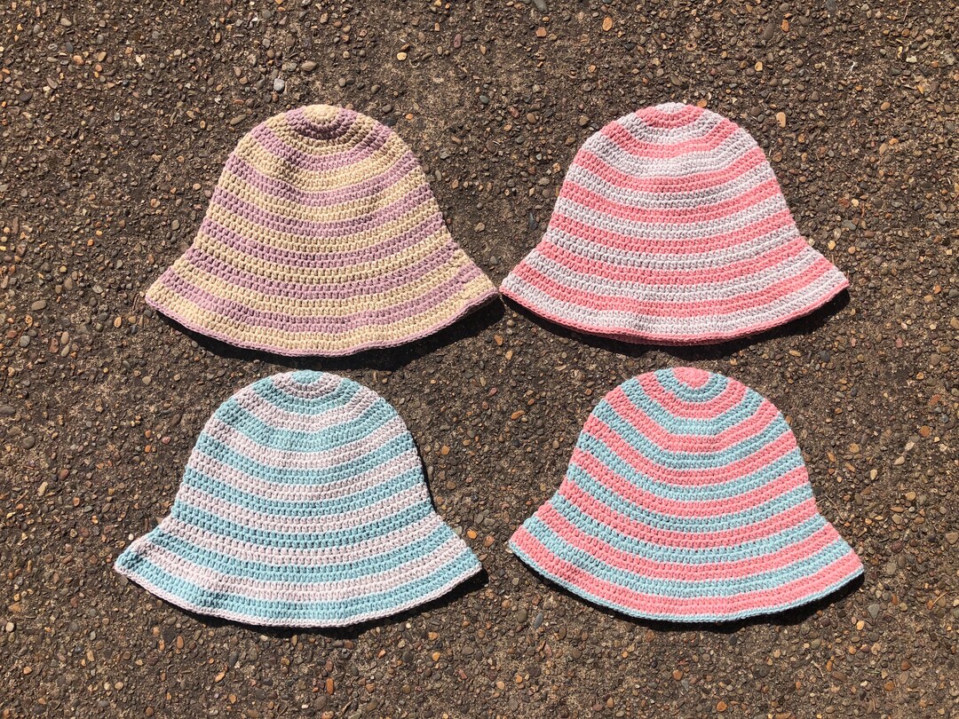 Striped Bucket Hat, Cotton Blend, Stripes, Crochet, Handmade, One of a ...