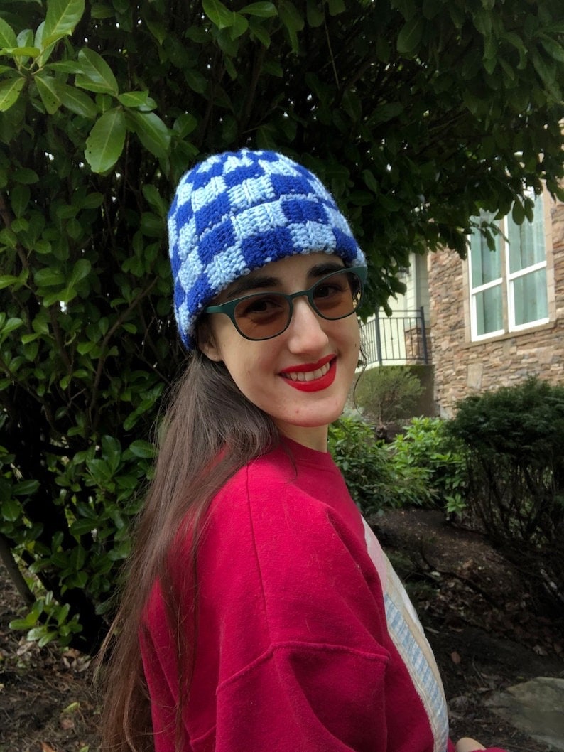 Checkered Beanie, Crochet, Handmade, Hat, Skater, Emo, Checkerboard ...