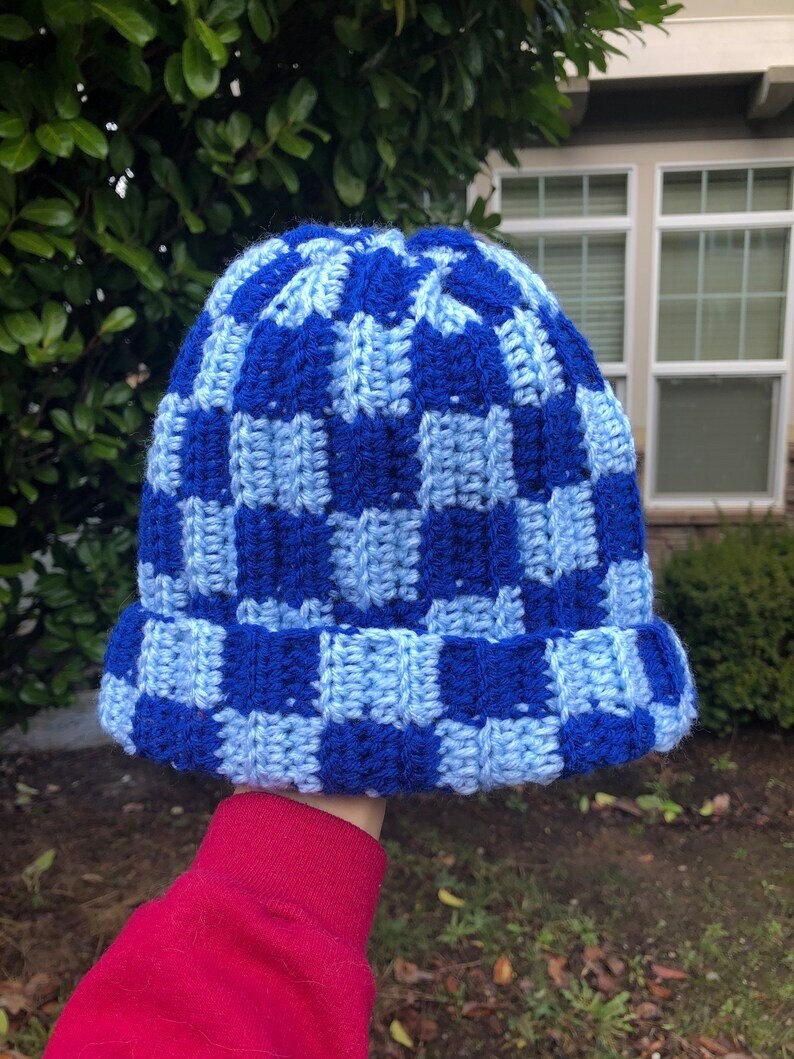 Checkered Beanie, Crochet, Handmade, Hat, Skater, Emo, Checkerboard ...
