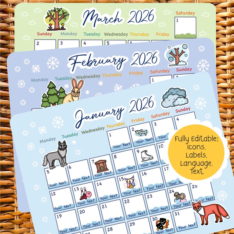 2026 Kids Calendar, Animal Theme, Editable Monthly Planner (digital ...
