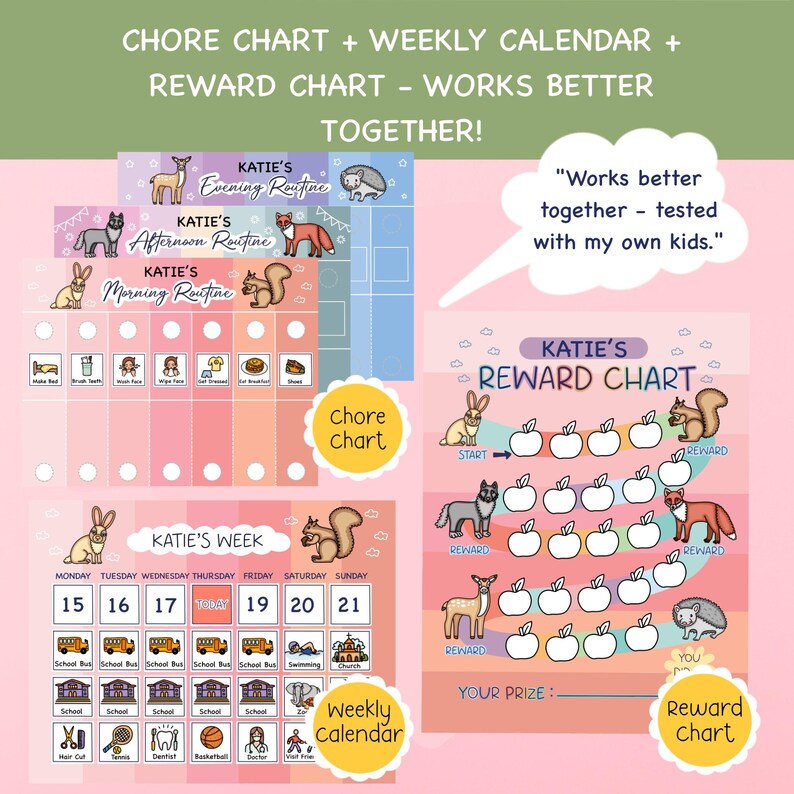 Kids Chore Chart Bundle: Reward Chart, Weekly Visual Calendar, Morning ...