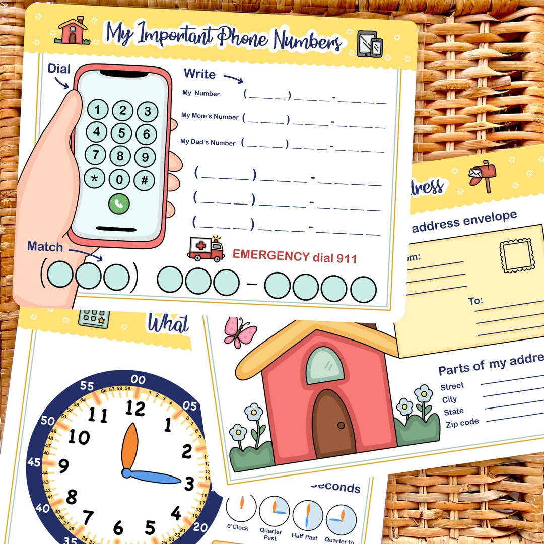 Life Skills for Kids Printable Bundle, Learn to Tell Time, Phone Number ...