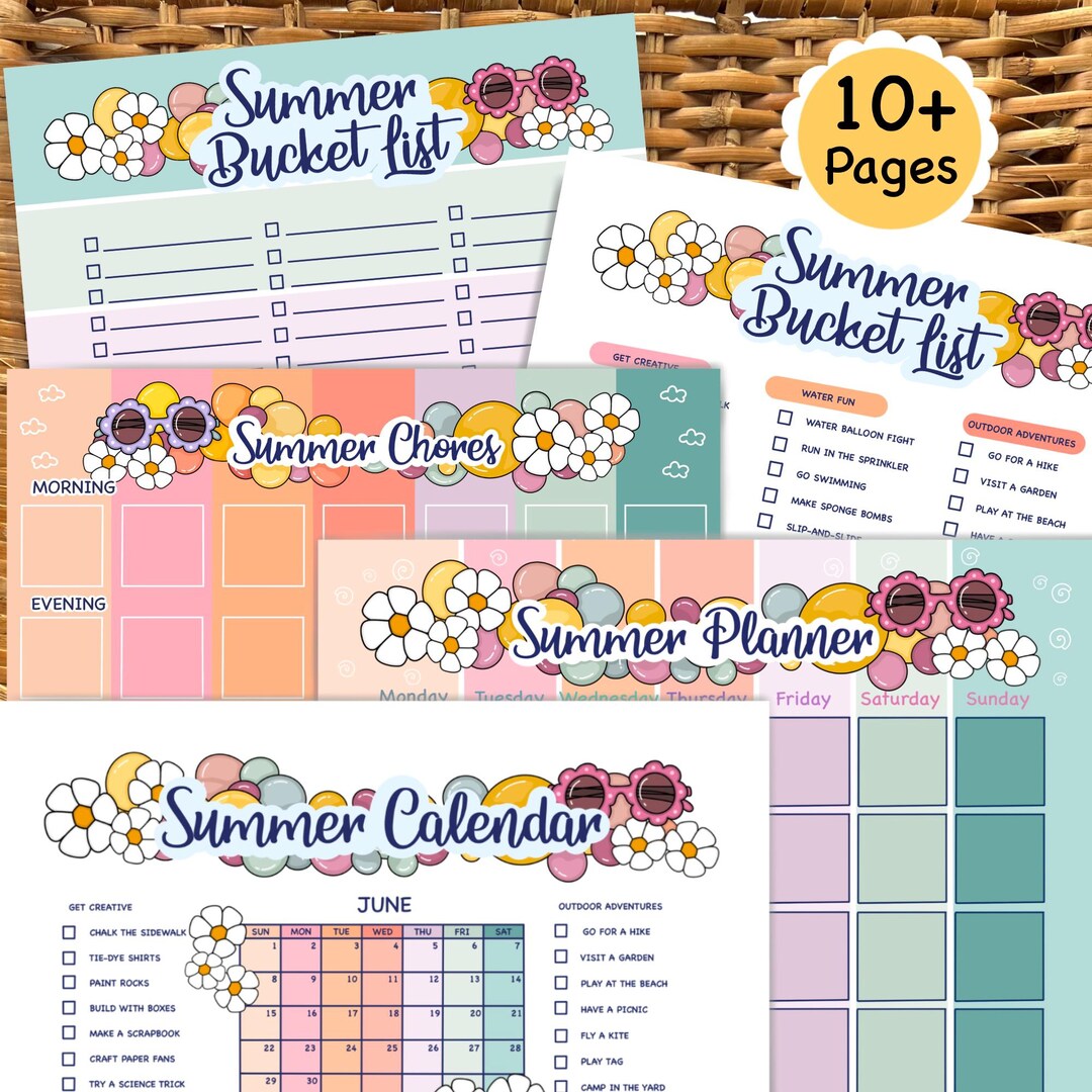 Summer Planner Printable Set, Bucket List & Chore Chart (digital ...