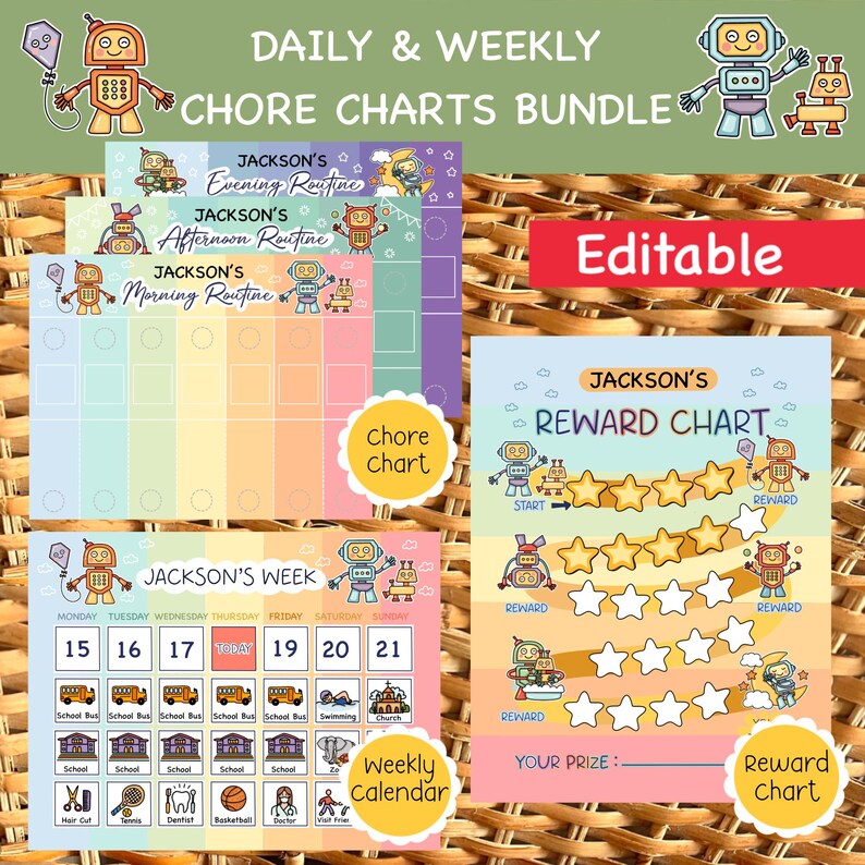 Kids Chore Chart Bundle: Reward Chart, Weekly Visual Calendar, Morning ...