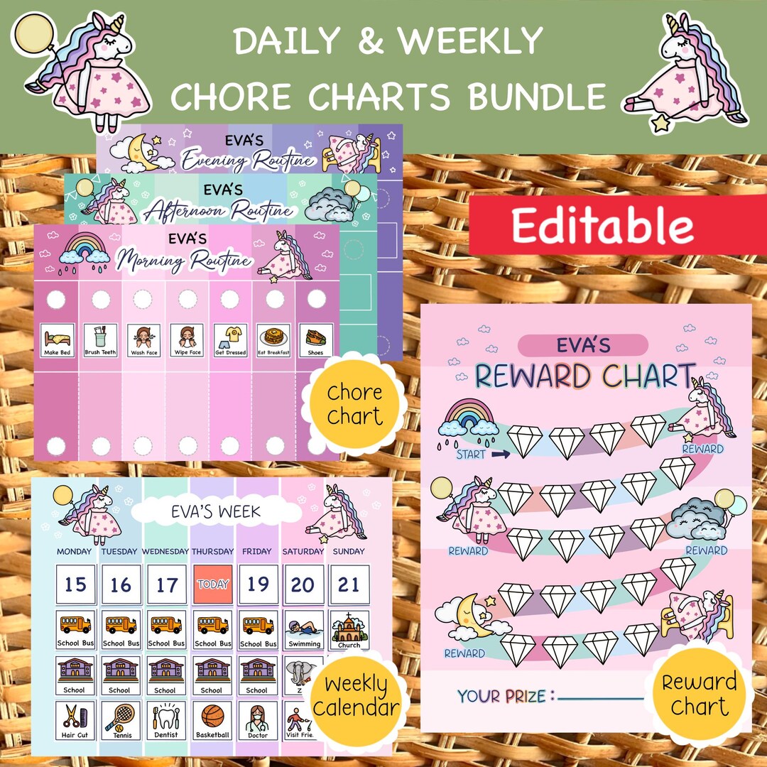 Kids Chore Chart Bundle: Reward Chart, Weekly Visual Calendar, Morning ...