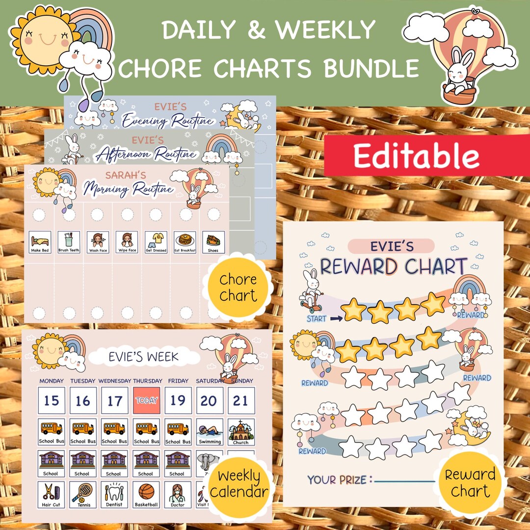 Kids Chore Chart Bundle: Reward Chart, Weekly Visual Calendar, Morning ...