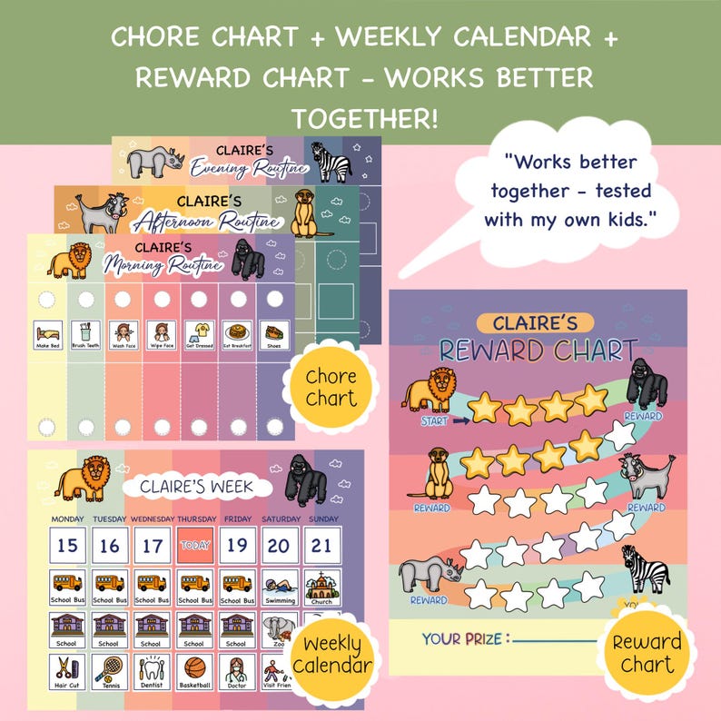 Kids Chore Chart Bundle: Reward Chart, Weekly Visual Calendar, Morning ...