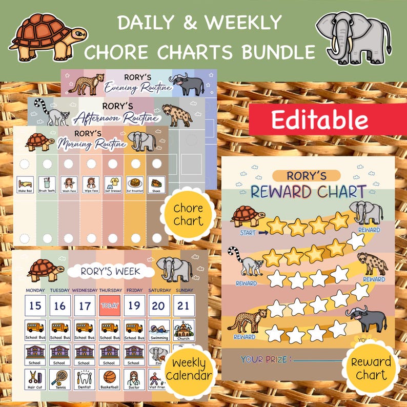 Kids Chore Chart Bundle: Reward Chart, Weekly Visual Calendar, Morning ...