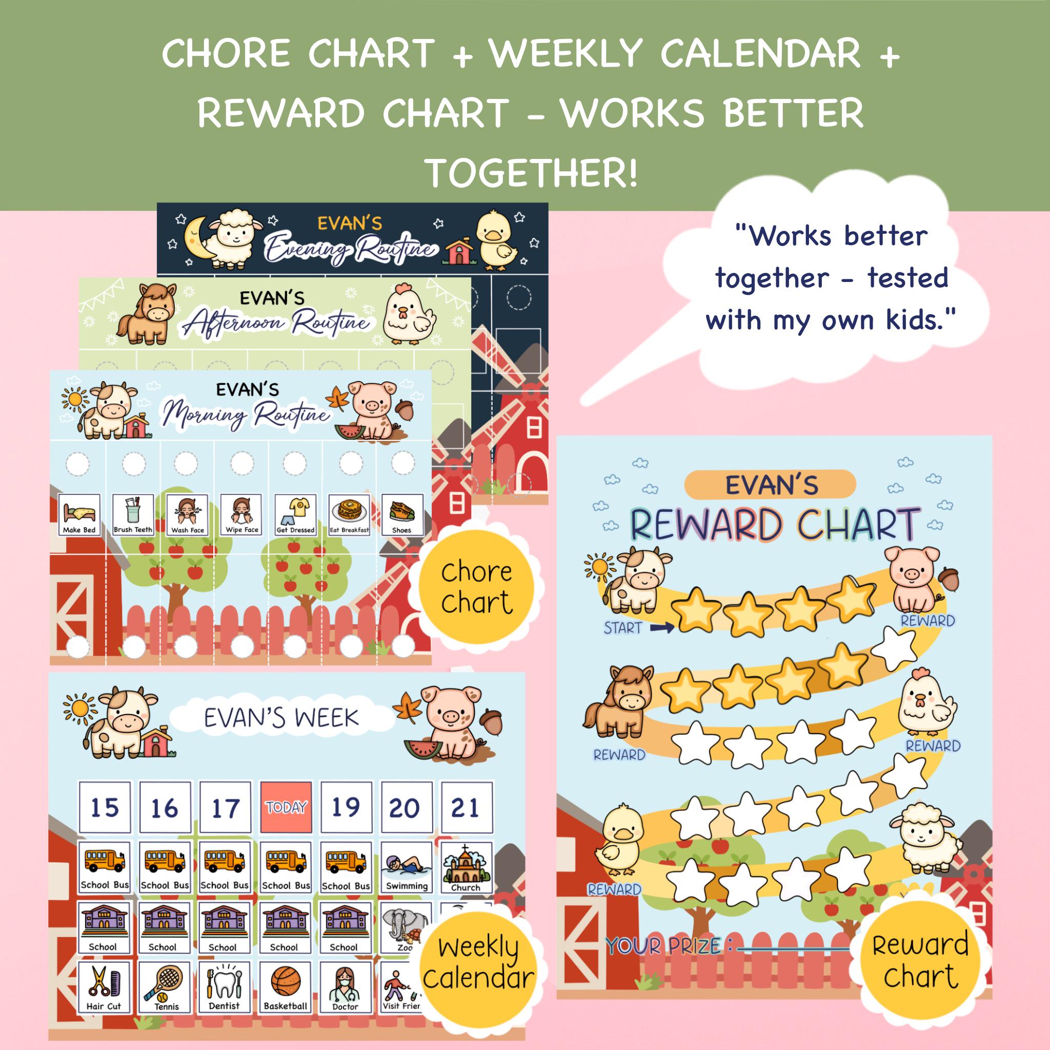 Kids Chore Chart Bundle: Reward Chart, Weekly Visual Calendar, Morning ...