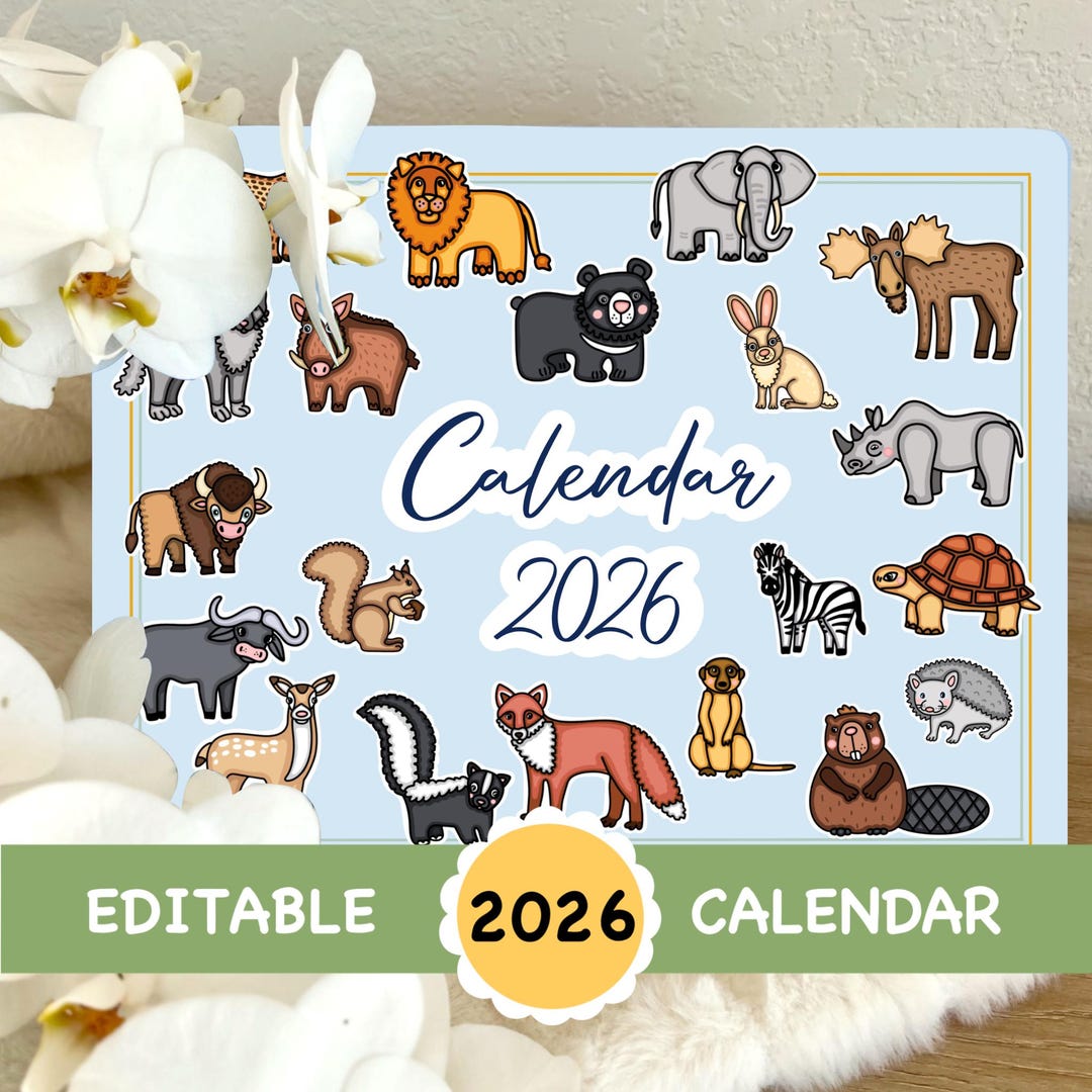 2026 Kids Calendar, Animal Theme, Editable Monthly Planner (digital ...