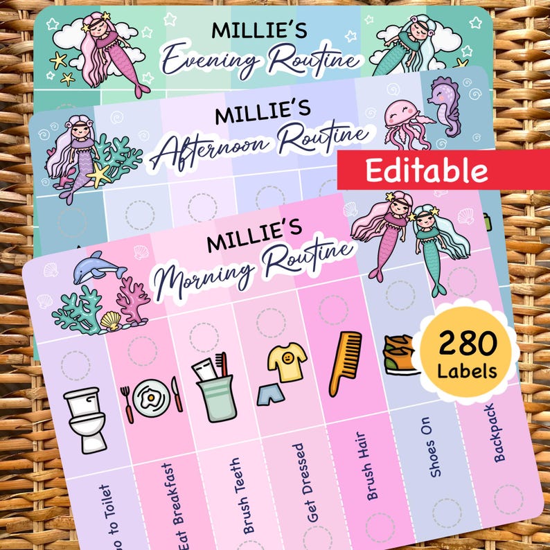 Mermaids Routine Chart: Editable Visual Schedule for Toddlers (digital ...