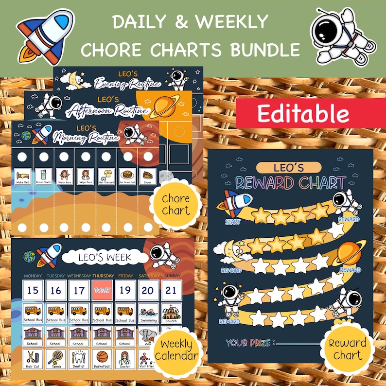 Kids Chore Chart Bundle: Reward Chart, Weekly Visual Calendar, Morning ...