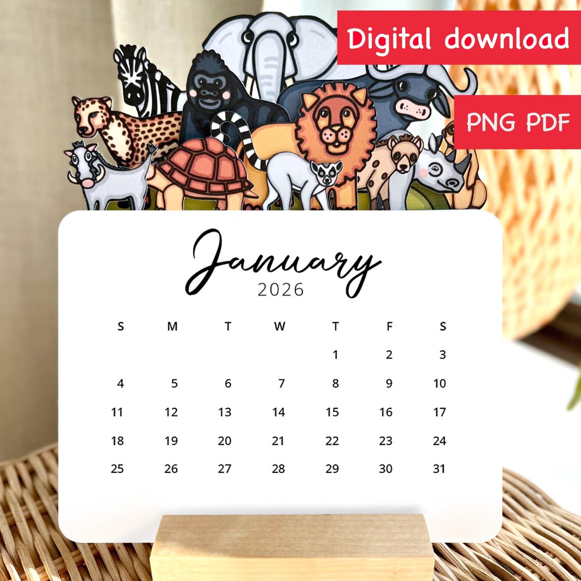 2026 Safari Animal Desk Calendar Printable (PNG, PDF) - Etsy