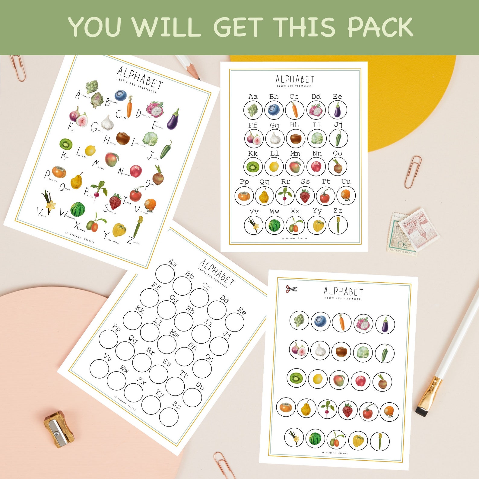 Printable Alphabet Game: Beginning Sounds, Fruits & Vegetables (digital ...