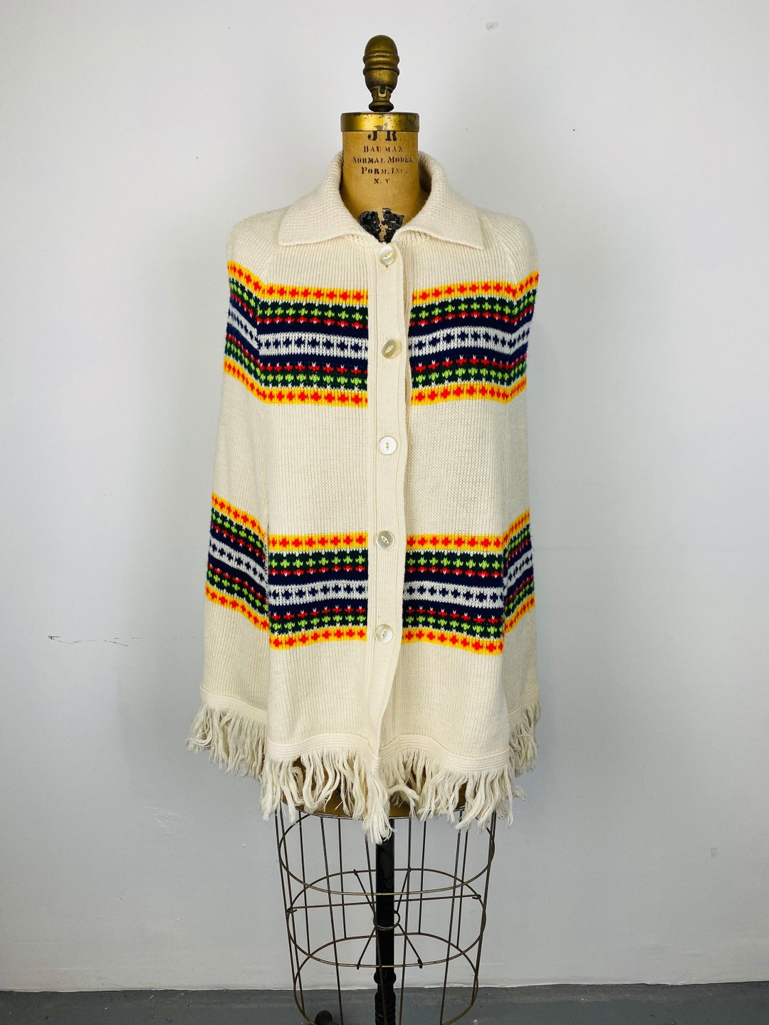 Vintage 1970s Colorful Poncho, Acrylic Cardigan Poncho With Fringe ...