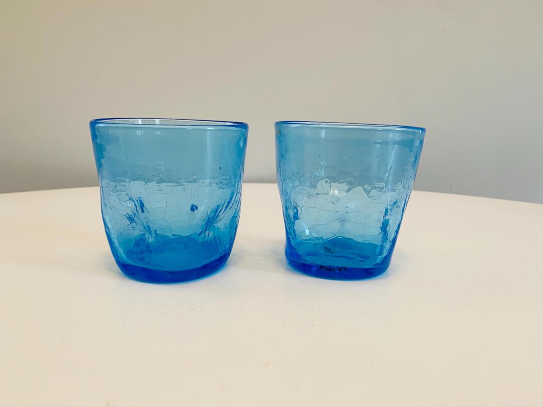 Vintage Blenko Blue Crackle Glass Indent Pinched Glass Tumbler, Set of ...