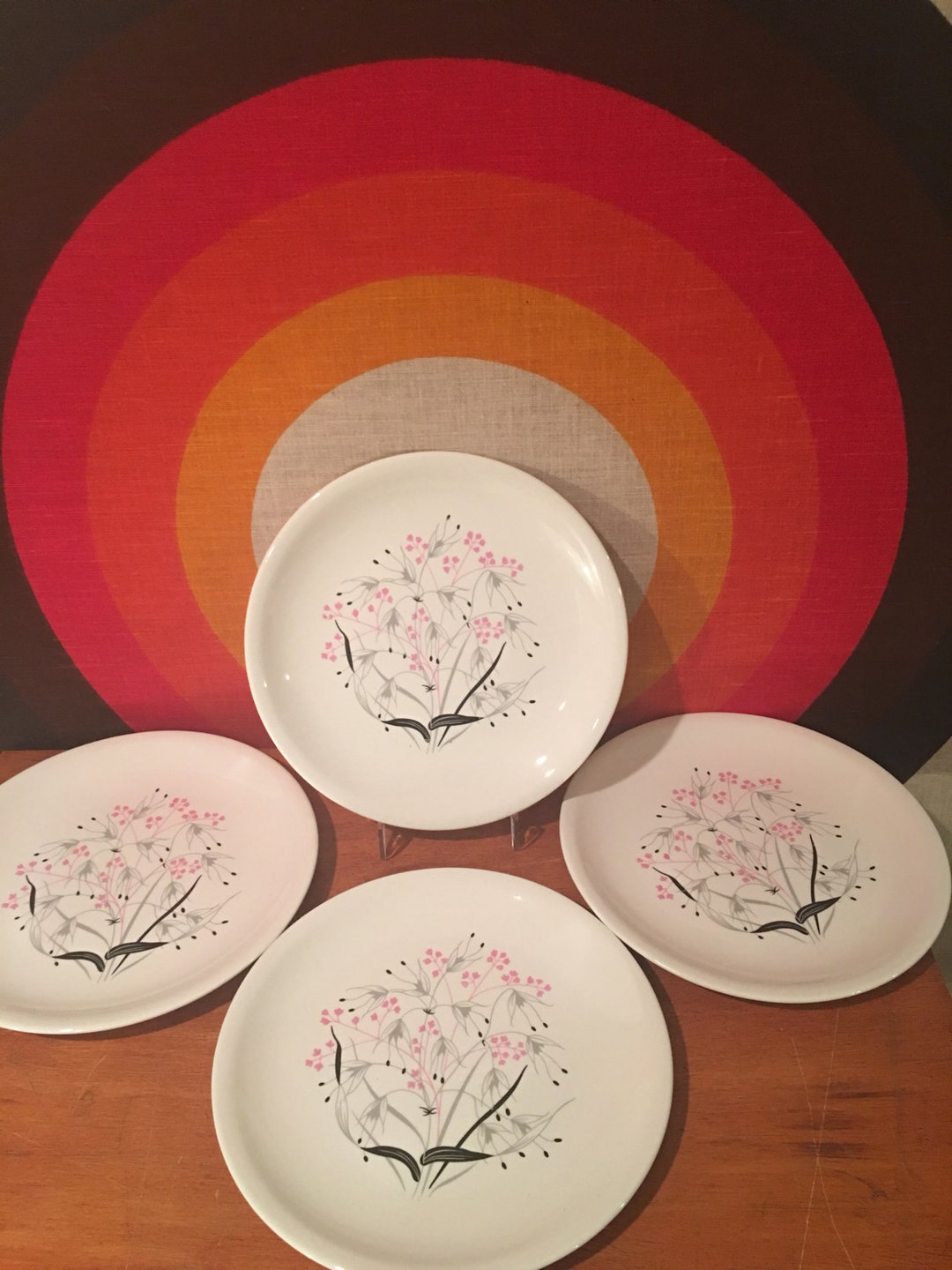 Vintage Harkerware Dinner Plates, Set of 4, Pink, Grey and Black Floral ...