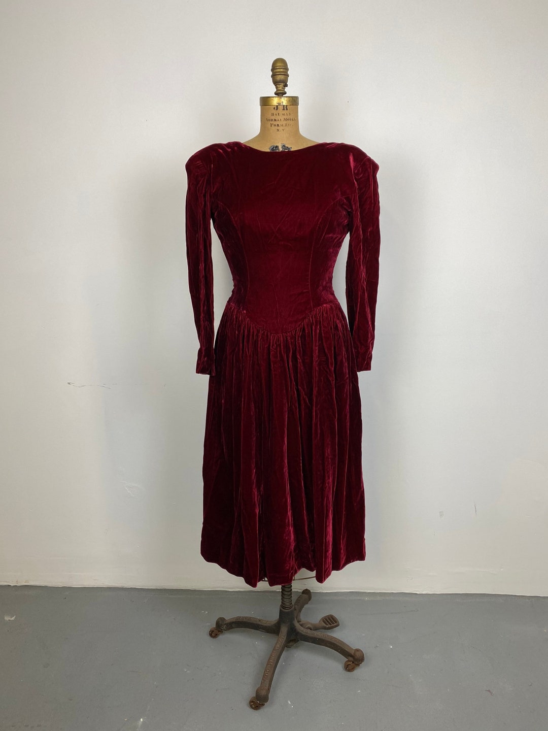 Vintage 1980s Red Velvet Party Dress, Long Sleeve Midi Velvet Dress ...