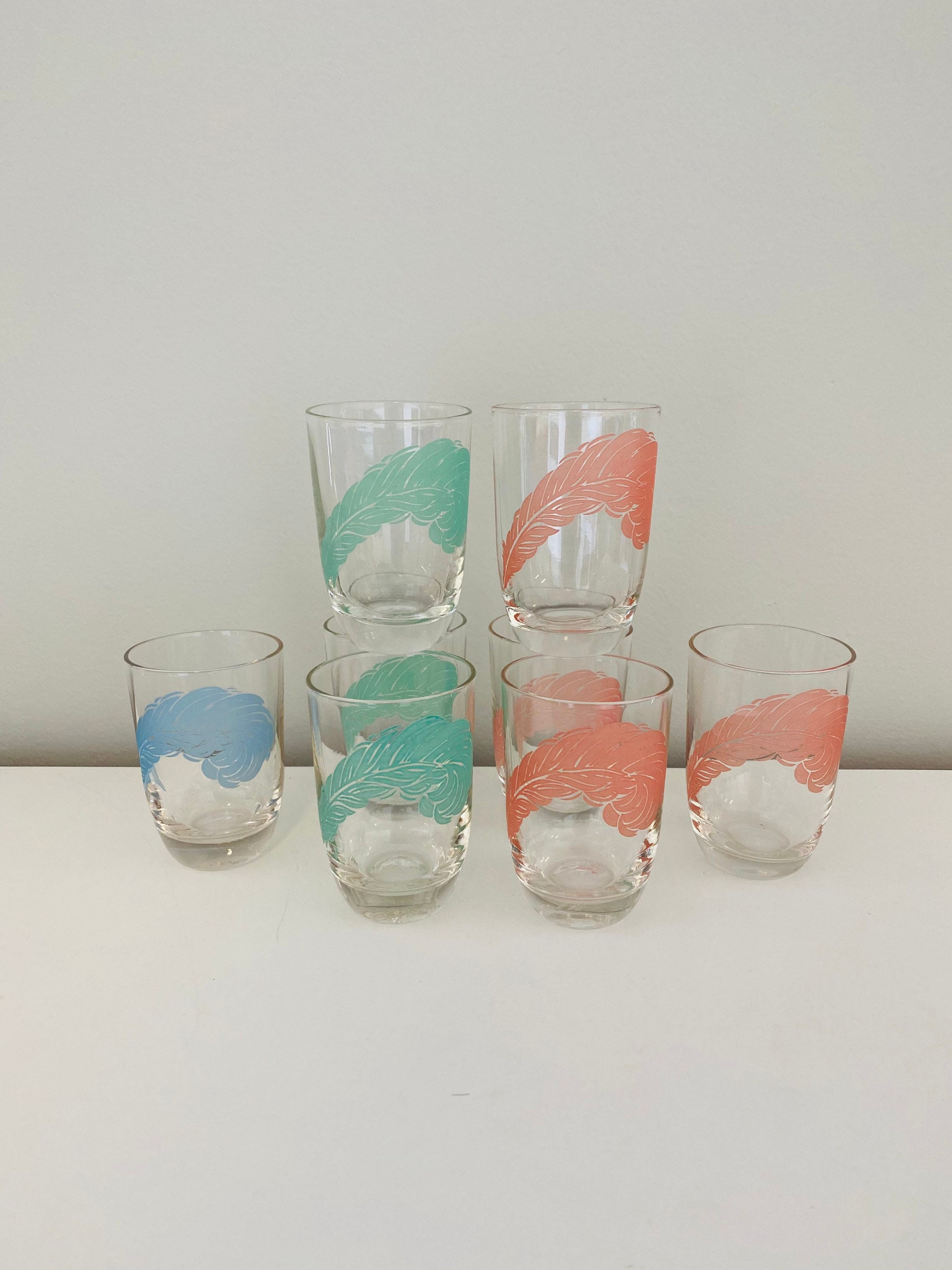 Vintage Feather Design Juice Glasses Set of 8 Pastel Color | Etsy