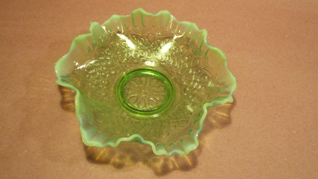 Vintage Jefferson Glass Dish, Many Loops, Antique Green Opalescent ...