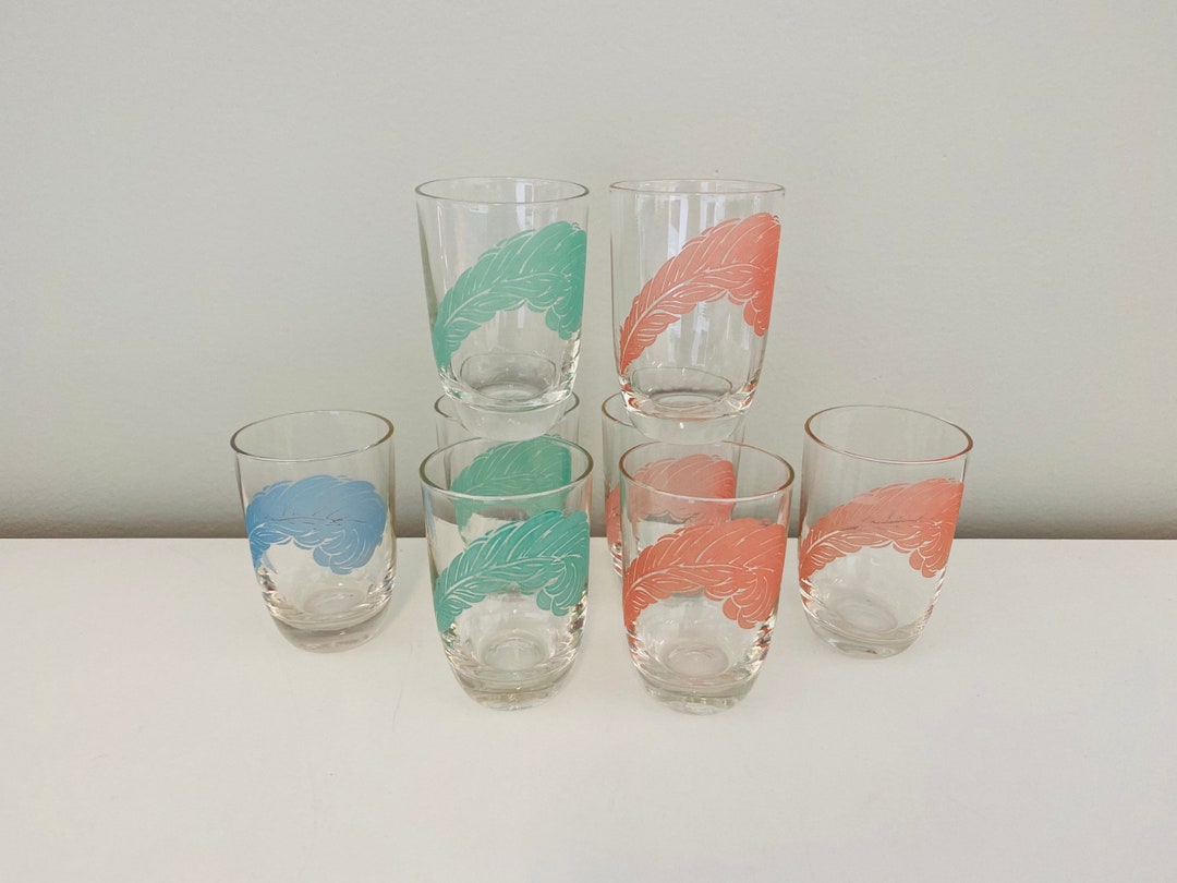 Vintage Feather Design Juice Glasses, Set of 8, Pastel Color Glasses ...