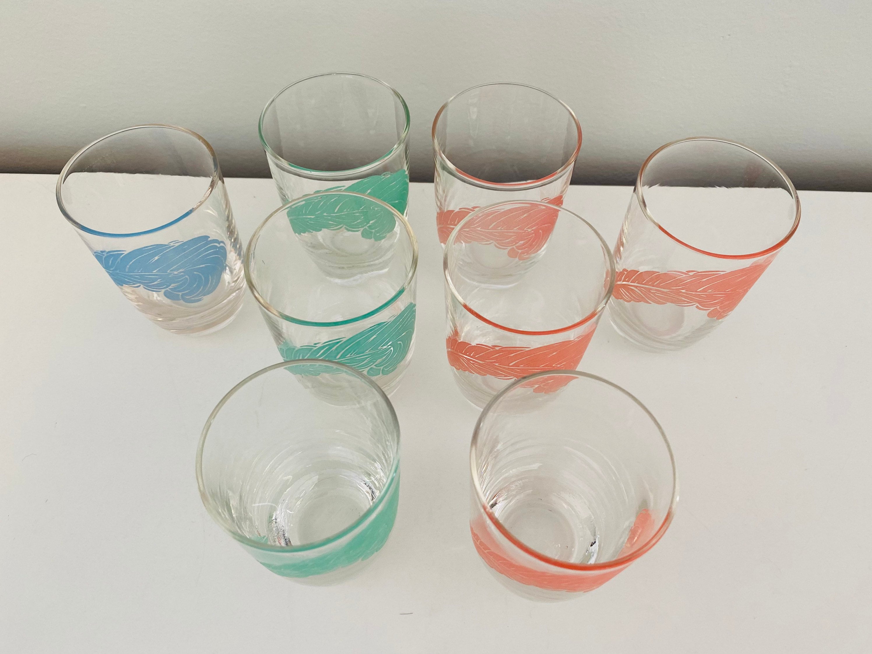 Vintage Feather Design Juice Glasses, Set of 8, Pastel Color Glasses ...