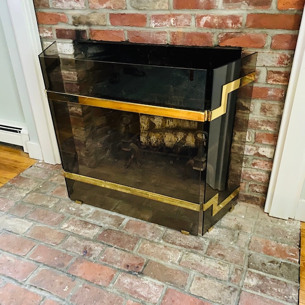Glass and Brass Fireplace Screen - Etsy