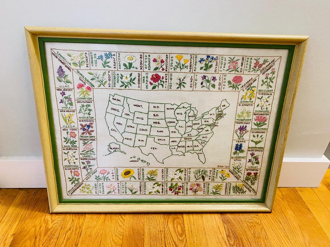 Vintage States Flower Map Sampler, US Map With State Flowers Framed ...