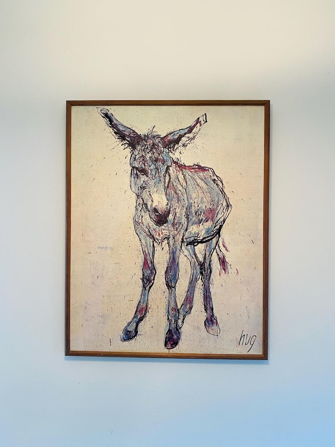 Fritz Hug Donkey Print on Canvas, 1970's Vintage Donkey Burro Painting ...