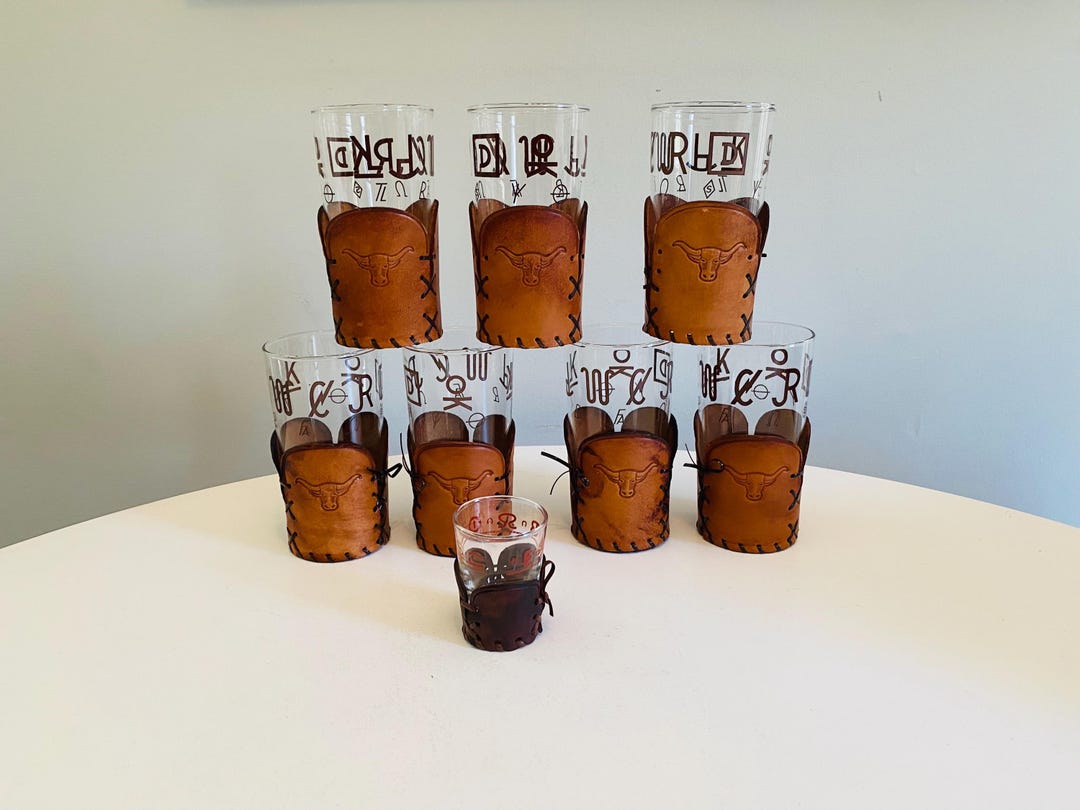 Vintage Libbey Bamco Western Theme Bar Glasses With Tooled Leather ...