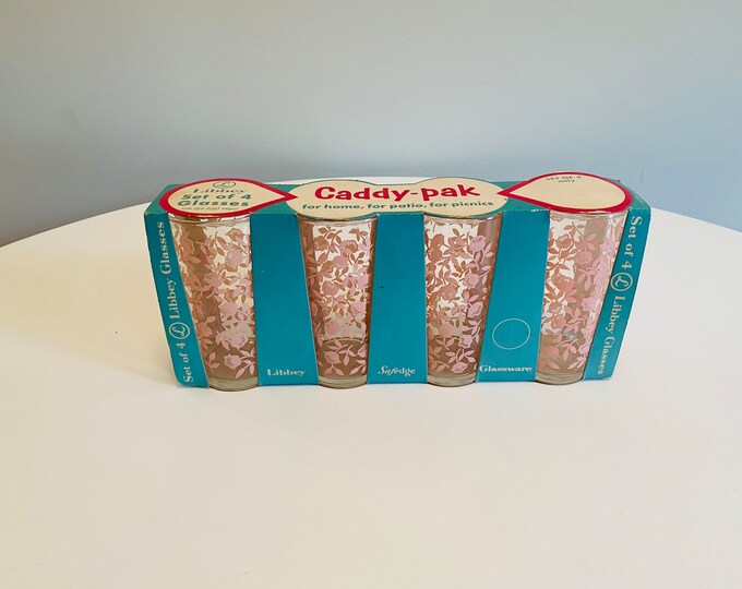 Vintage New Old Stock Libbey Glasses Pink Floral Libbey Tumblers Set Of 4 Original Caddy Pak