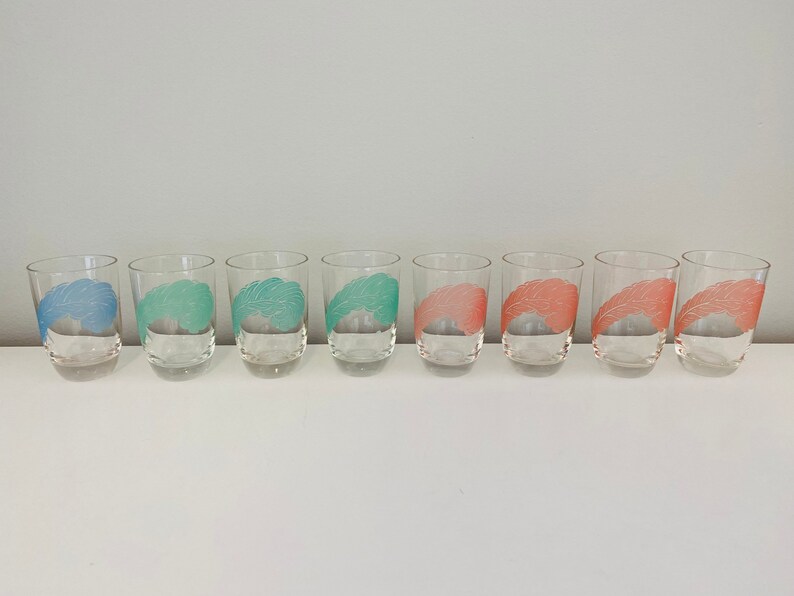 Vintage Feather Design Juice Glasses, Set of 8, Pastel Color Glasses ...