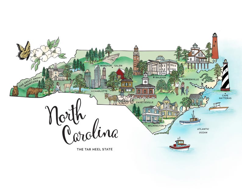 North Carolina Art, North Carolina Print, Map Art of North Carolina - Etsy