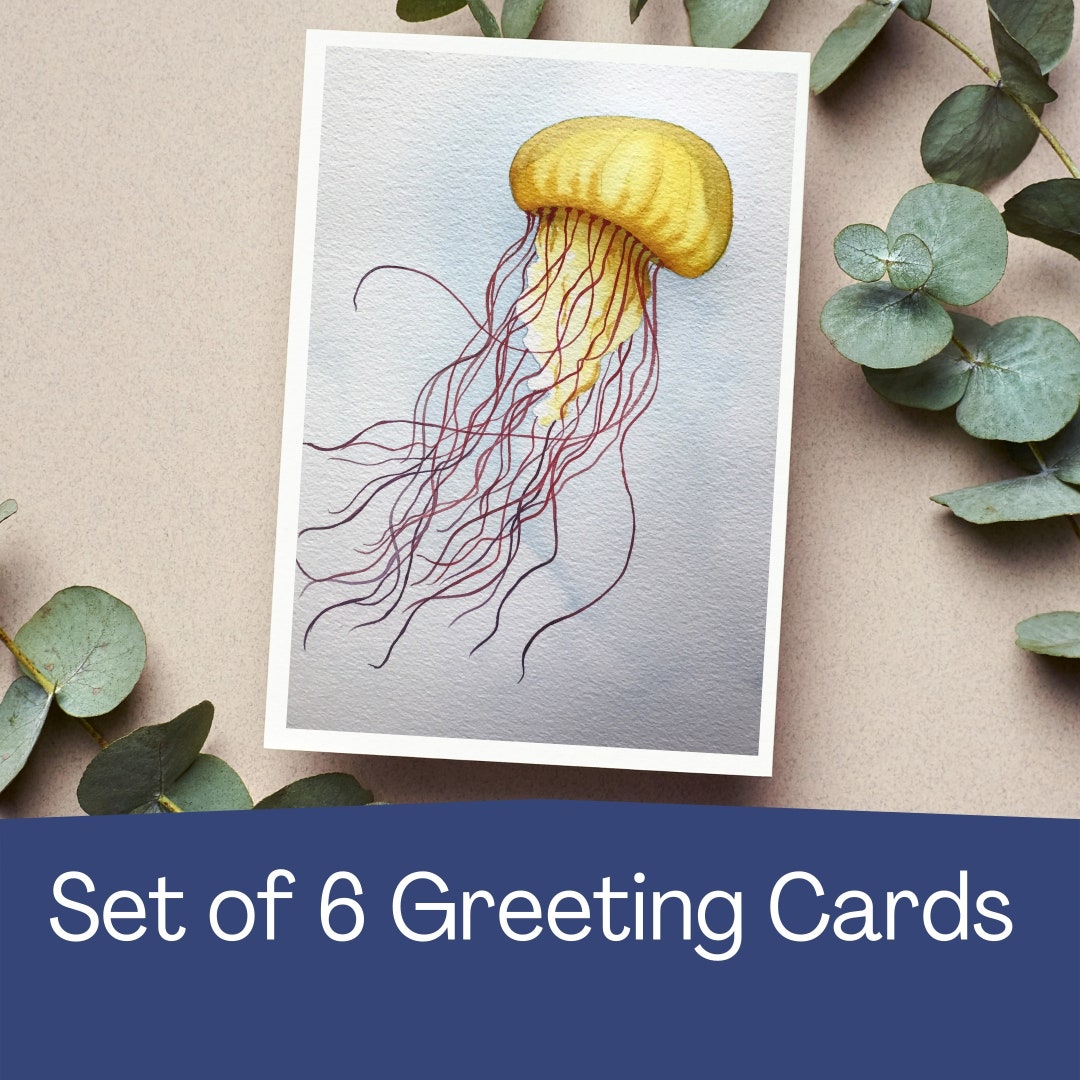Jellyfish Set of Six Watercolor Print Cards, Blank Nautical Greeting ...