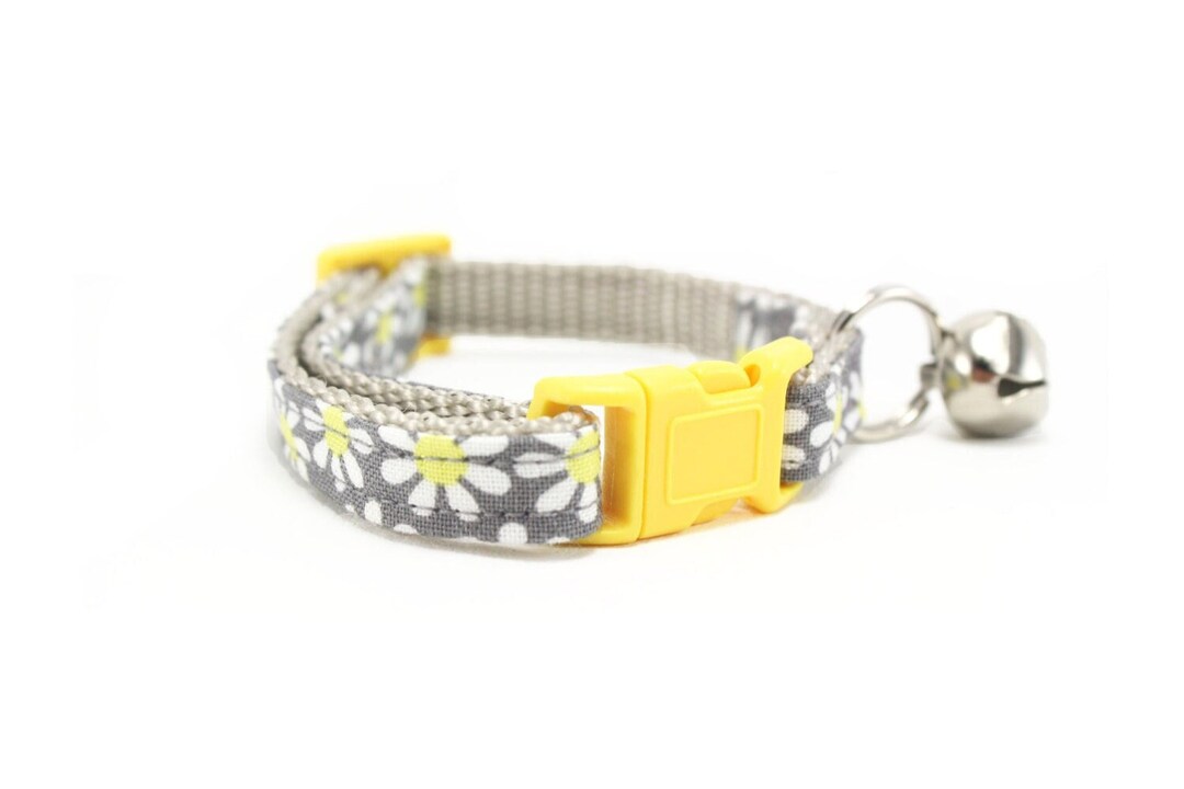 Yellow Daisy Cat Collar - Grey Floral - With Breakaway Buckle and Bell ...