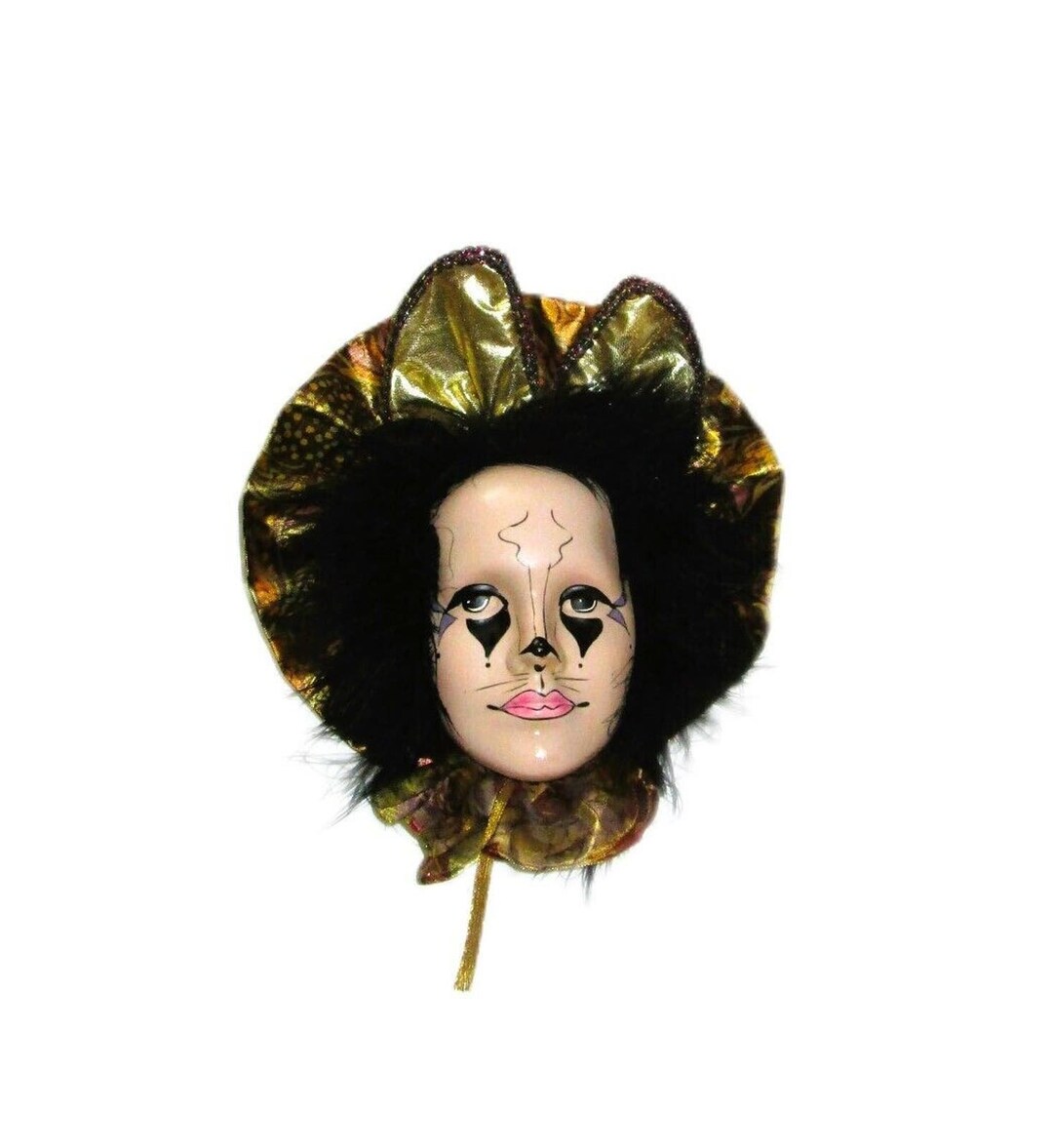 Venetian Porcelain Carnival Mask Painted Cat Face Black Feathers Gold ...