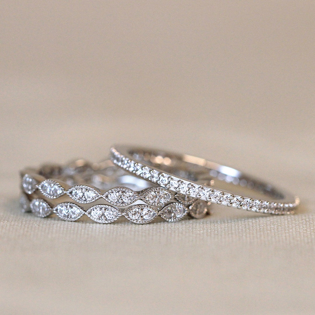 Dainty Art Deco Eternity Ring Set - Brilliant Cut Pave Set Wedding Ring Stack - Vintage Triple ...