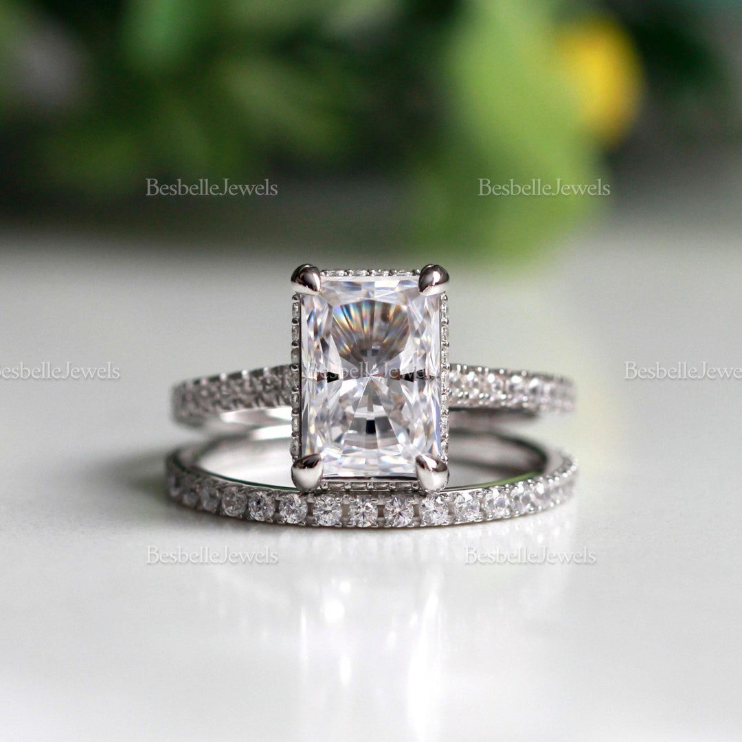 Radiant Halo Bridal Set - Statement Wedding Engagement Ring Set ...