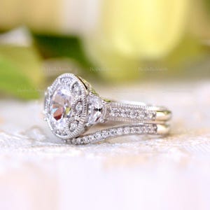 Vintage Art Deco Oval Halo Bridal Set / Oval Cut Half Moon Cut Ring ...