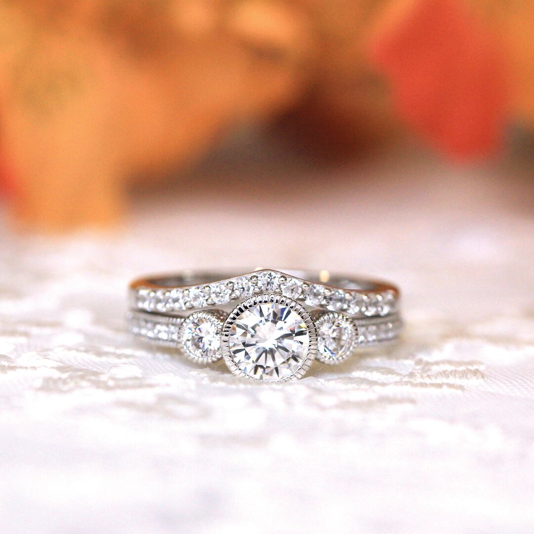 Chevron Wedding Band Ring Stack Three Stone Bridal Set Vintage Wedding ...