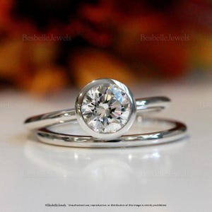 Round Bezel Bridal Ring Set / Round Cut Solitaire Ring W/ Plain Wedding ...