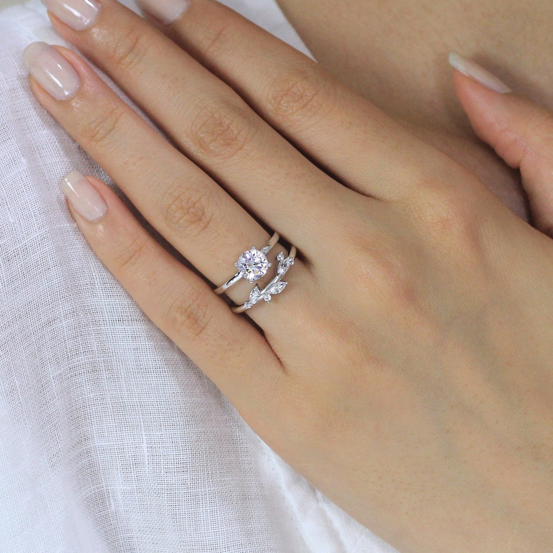 Solitaire Diamond Engagement Ring W/ Dainty Vine Ring Bridal Ring Set ...