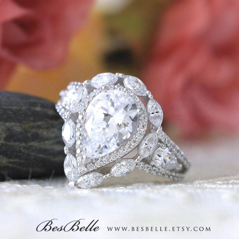 Double Pear Engagement Ring Art Deco Pear CZ Diamond Ring - Etsy