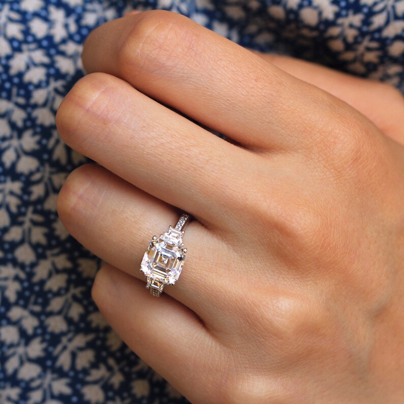 Three Stone Asscher Cut Diamond Ring Asscher Cut Engagement - Etsy