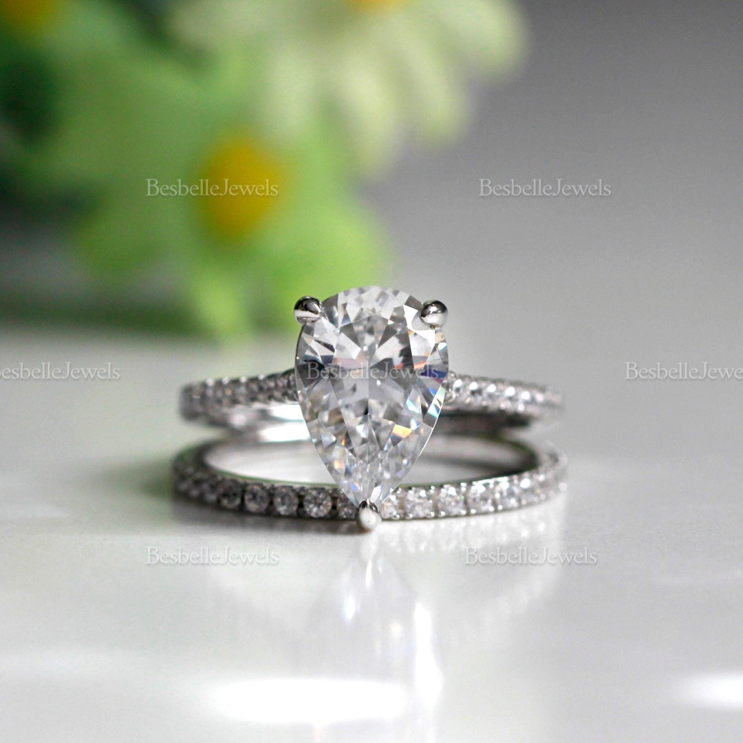 Pear Shaped Bridal Set Ring - Pear Cut Engagement Ring W/ All or Half ...